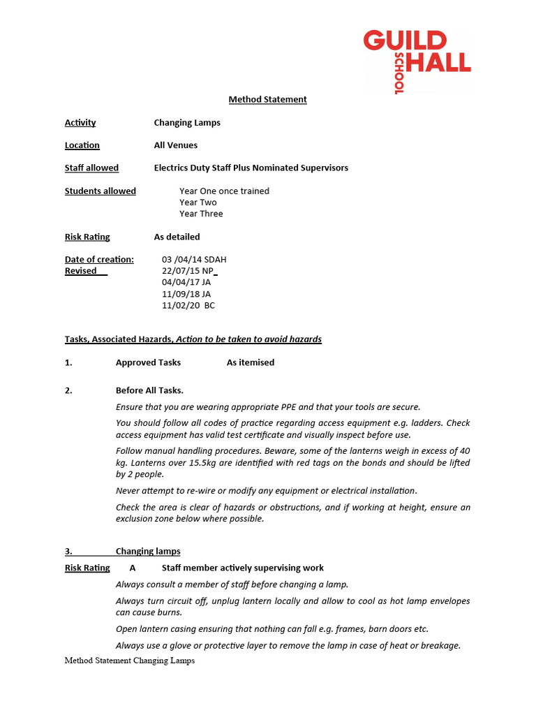 Method Statement - Changing Lamps | PDF | Lantern | Packaging And Labeling