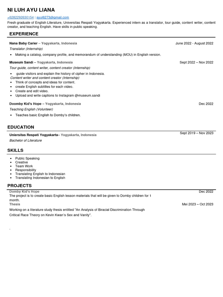 Ni Luh Ayu Liana - Resume | PDF