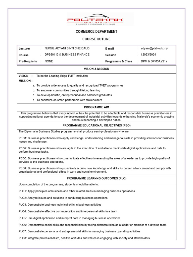 Course Outline DPB50113 - DPM | PDF | Economies | Business