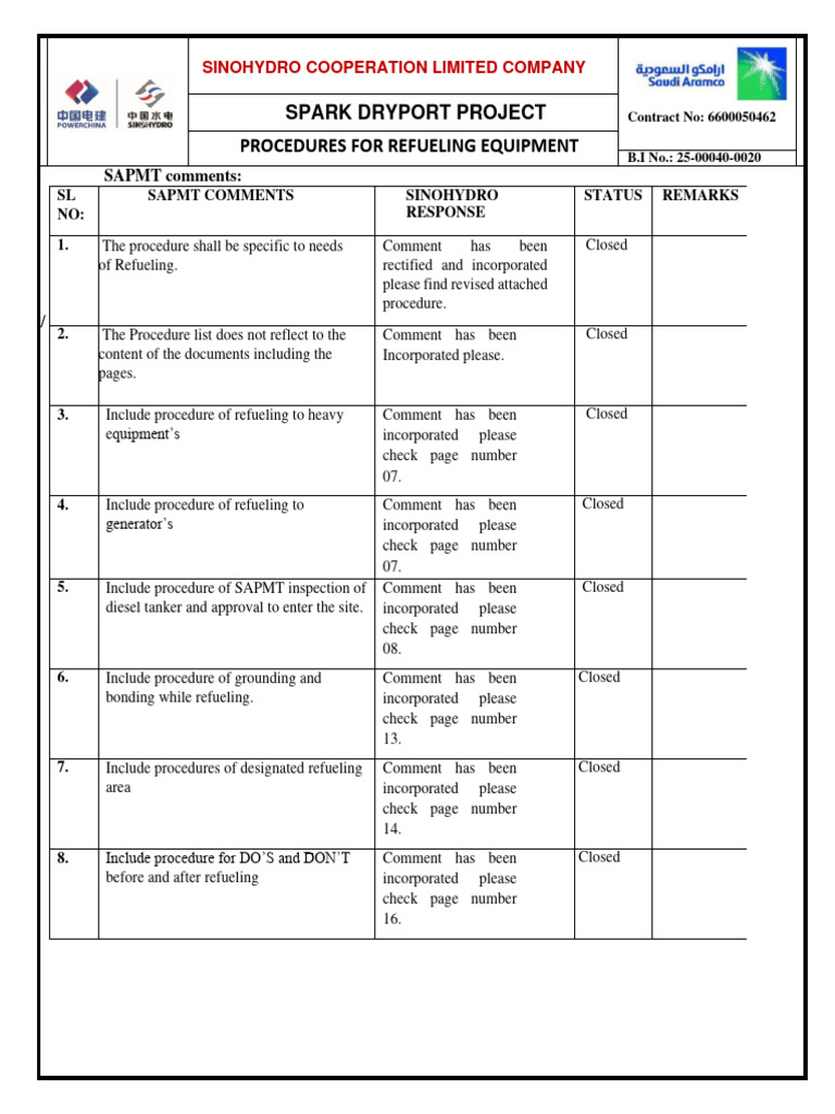 Review Comments of Refueling Procedures | PDF