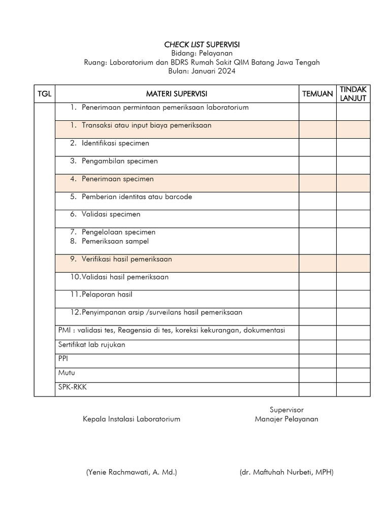 Checklist Supervisi Laboratorium RS QIM | PDF