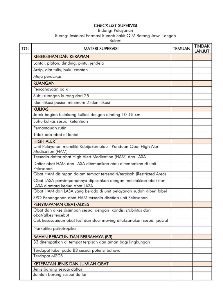 CHECK LIST SUPERVISI Instalasi Farmasi Rumah Sakit QIM Batang Jawa Tengah | PDF