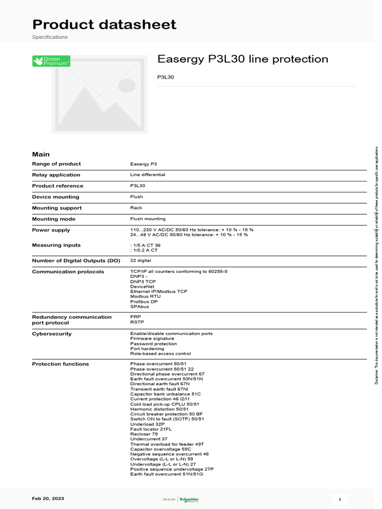 Easergy P3 Protection Relays - P3L30 | PDF