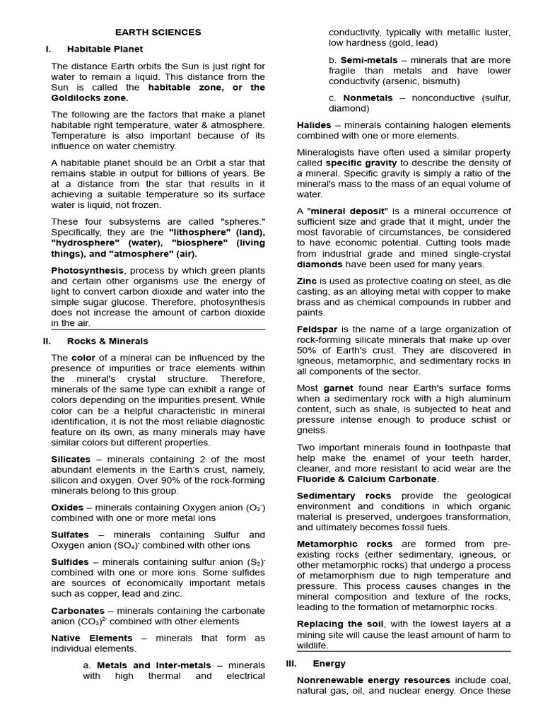 Earth Science Reviewer | PDF | Minerals | Rock (Geology)
