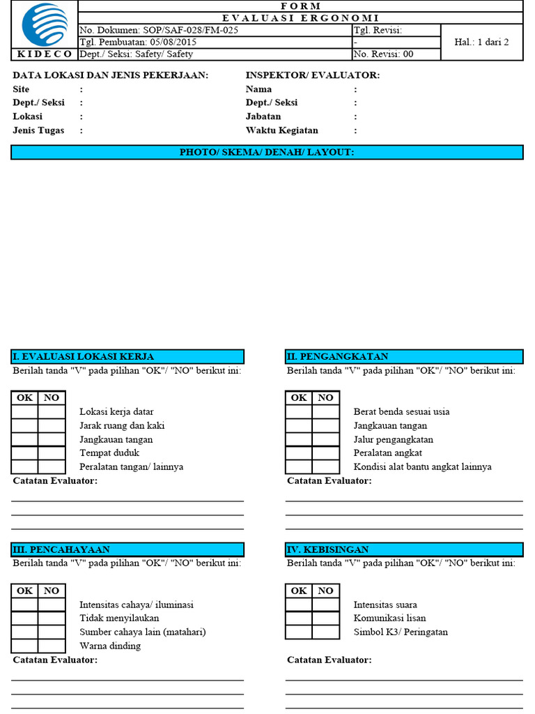 SOP - SAF-028-FM-025 FORM EVALUASI ERGONOMI Rev 01 | PDF