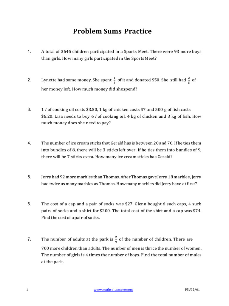 Problem Sums Practice for Students | PDF