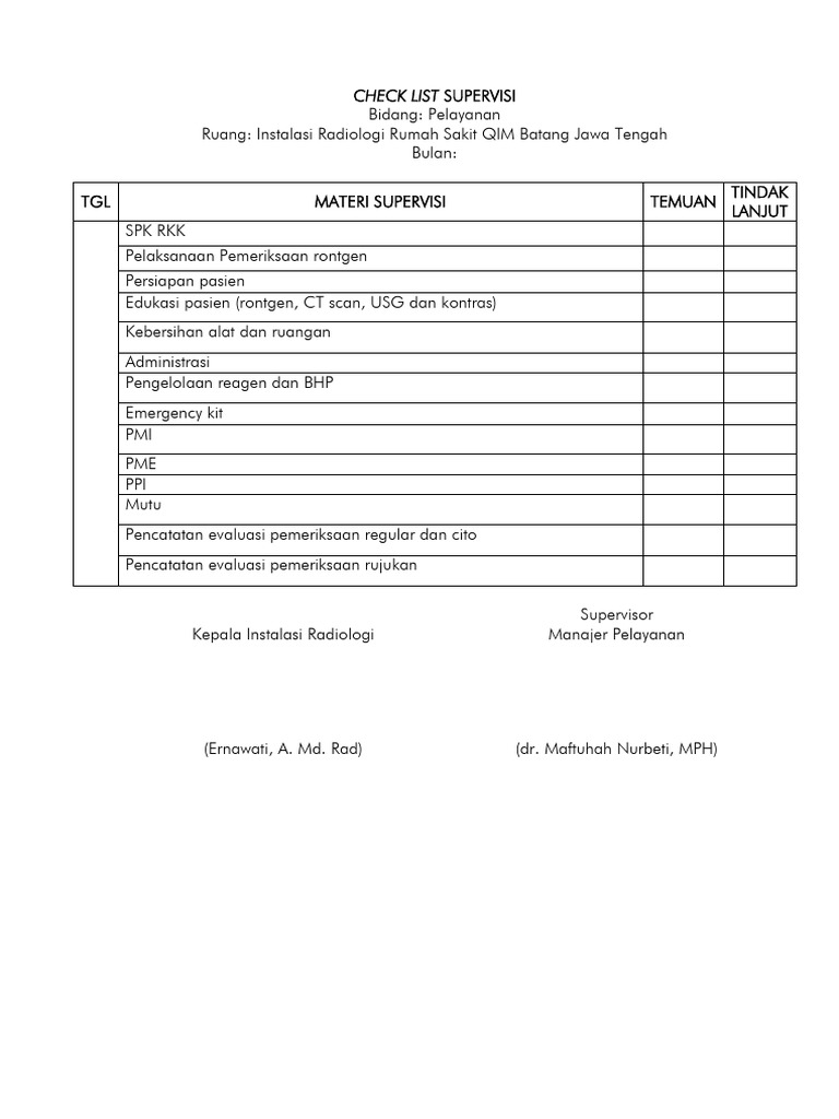 CHECK LIST SUPERVISI Instalasi Radiologi Rumah Sakit QIM Batang Jawa Tengah | PDF