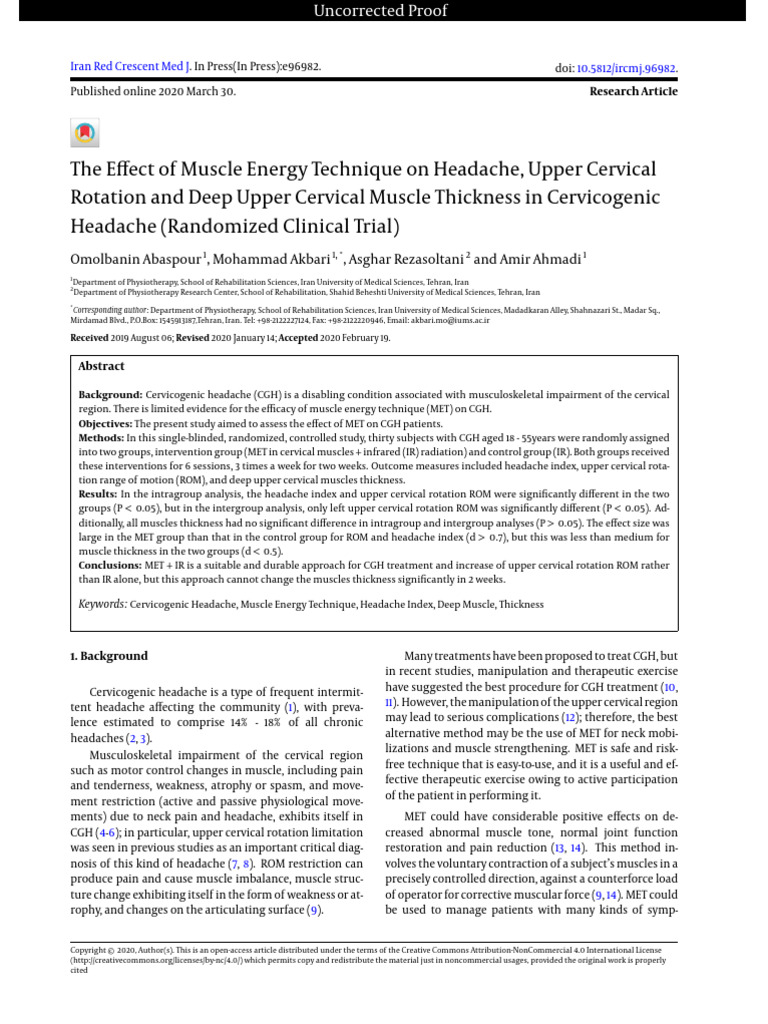 The Effect of Muscle Energy Technique On Headache | PDF | Neck | Effect ...