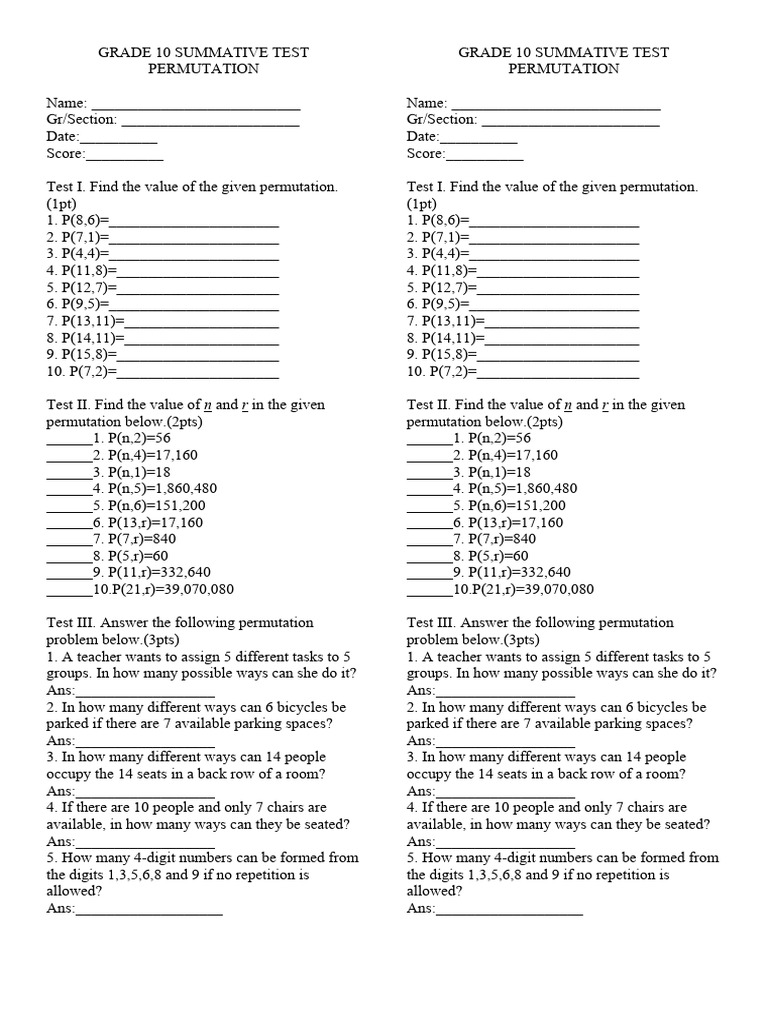 Grade 10 Permutation Test | PDF | Mathematics | Combinatorics