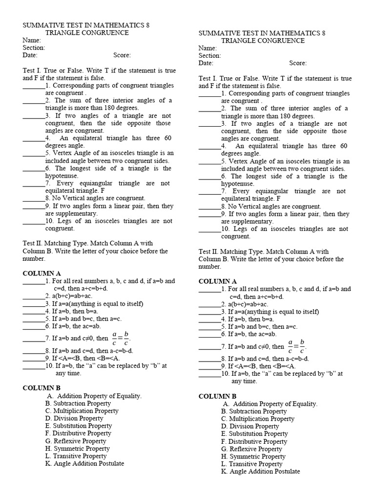 SUMMATIVE TEST IN MATHEMATICS 8 (Triangle Congruence) | PDF | Triangle ...