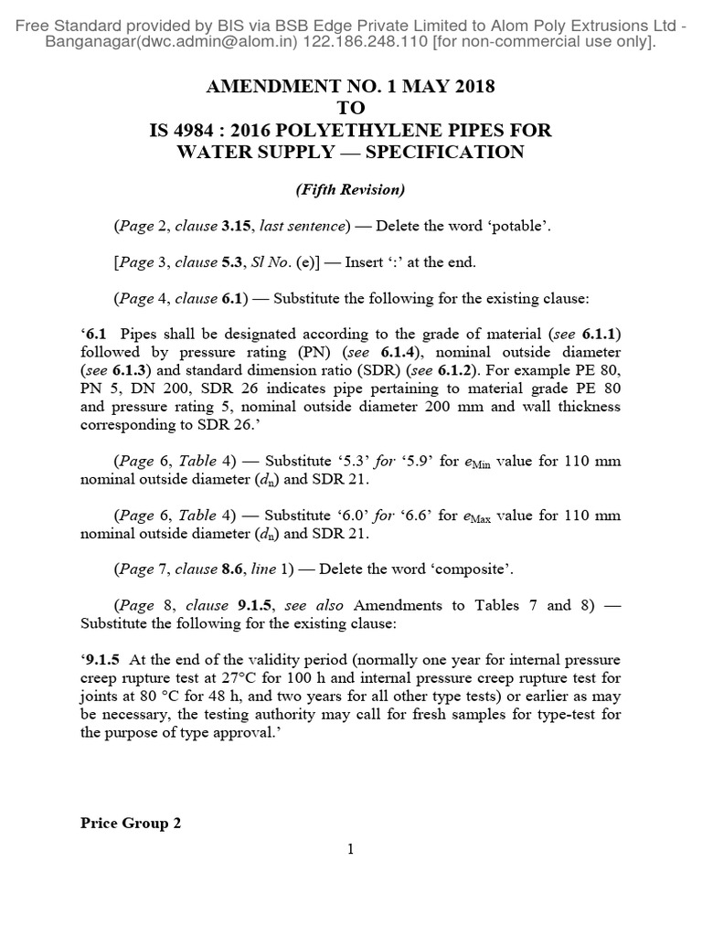 Amendment No. 1 May 2018 TO Is 4984: 2016 Polyethylene Pipes For Water ...