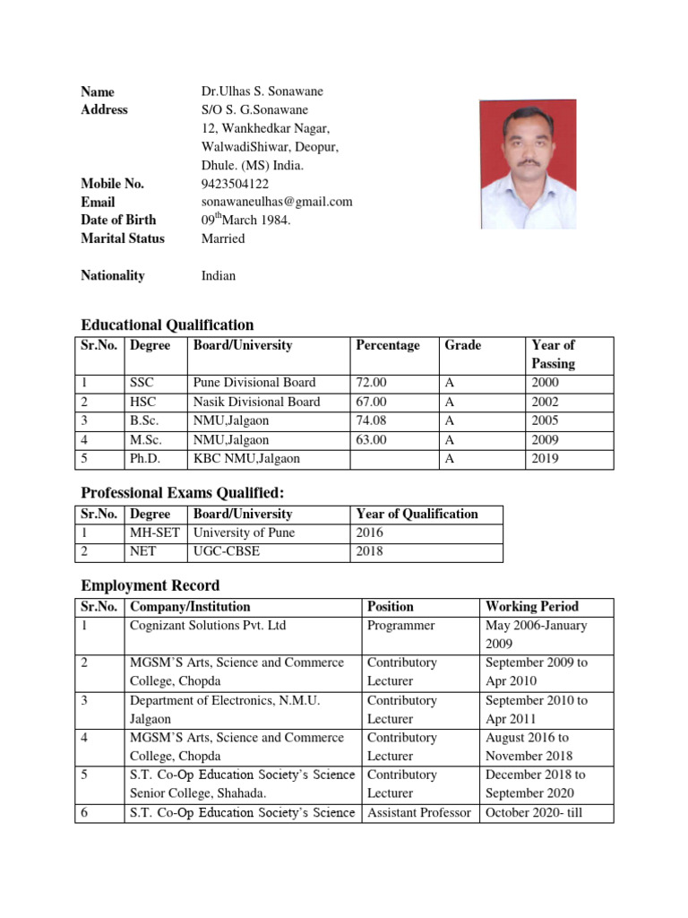 Ulhas Short CV | PDF | Educational Stages | Vocational Education