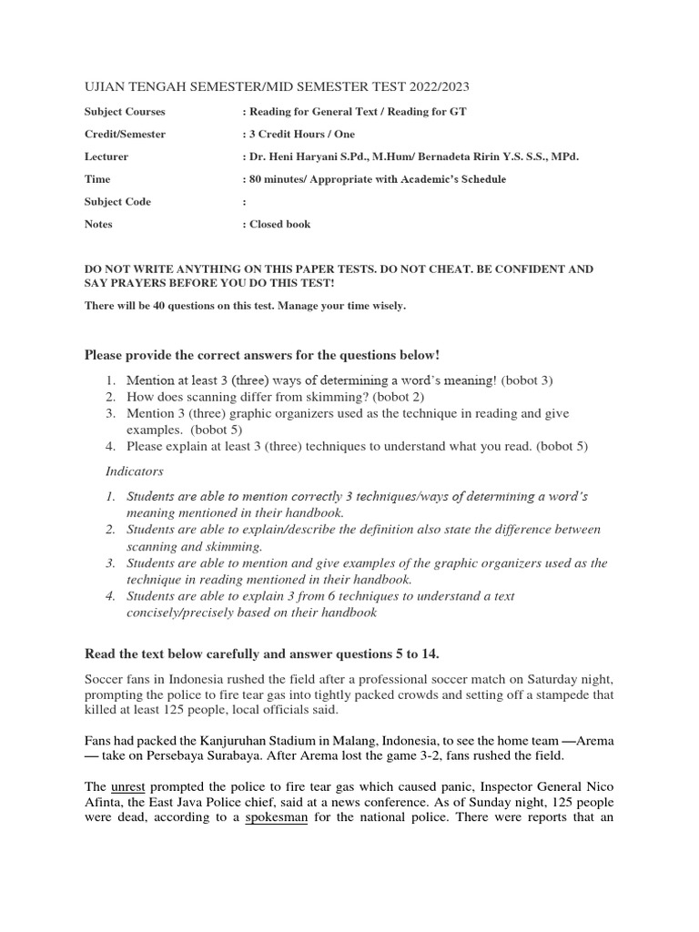 Reading For General Text Midterm Test 2022-2023 (Indikator) | PDF ...
