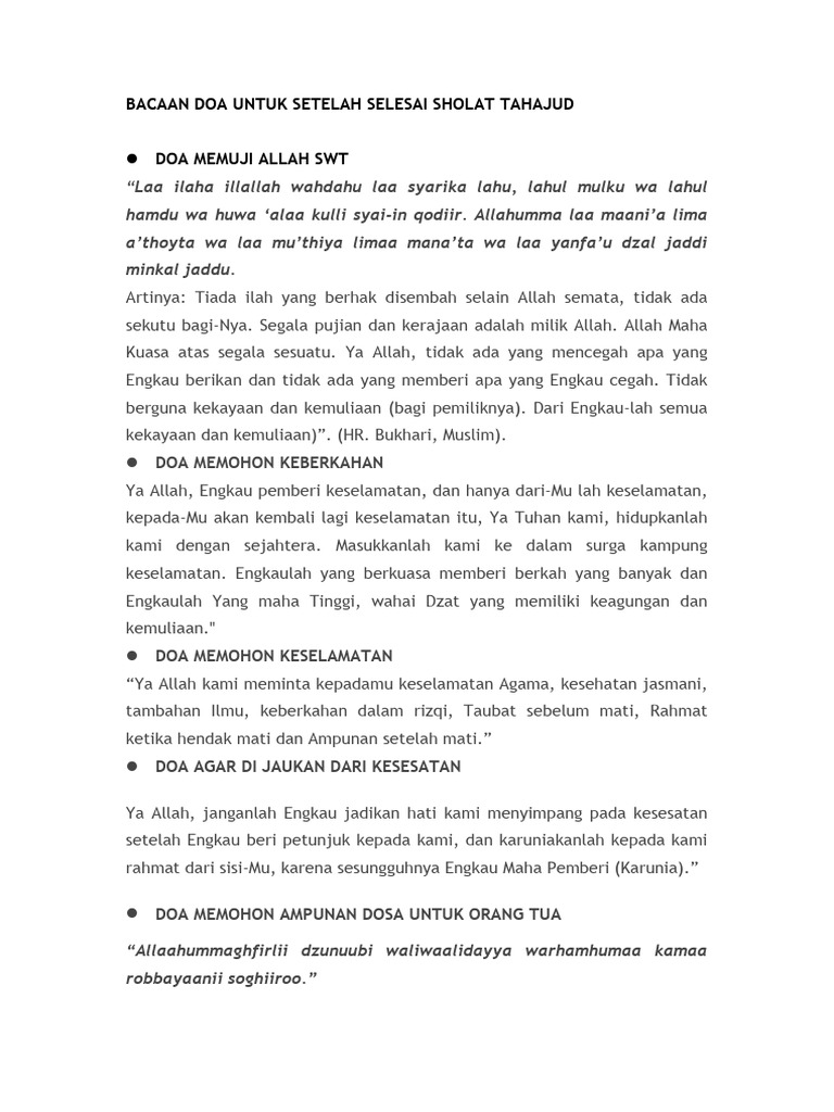 Bacaan Doa Untuk Setelah Selesai Sholat Tahajud | PDF