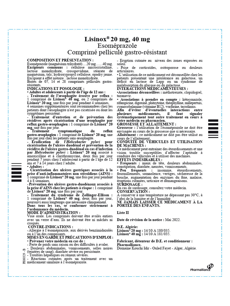 Notice Lisinox 20 MG 40 MG Comprime | PDF