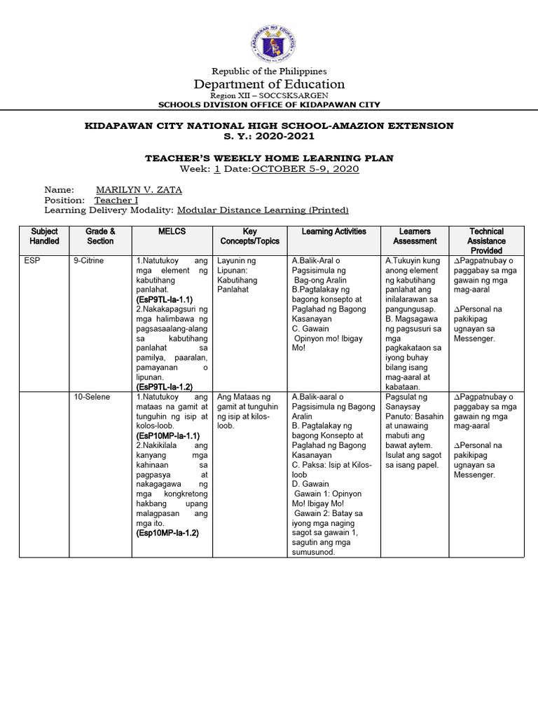 WEEKLY HOME LEARNING PLAN TEMPLATE Esp | PDF