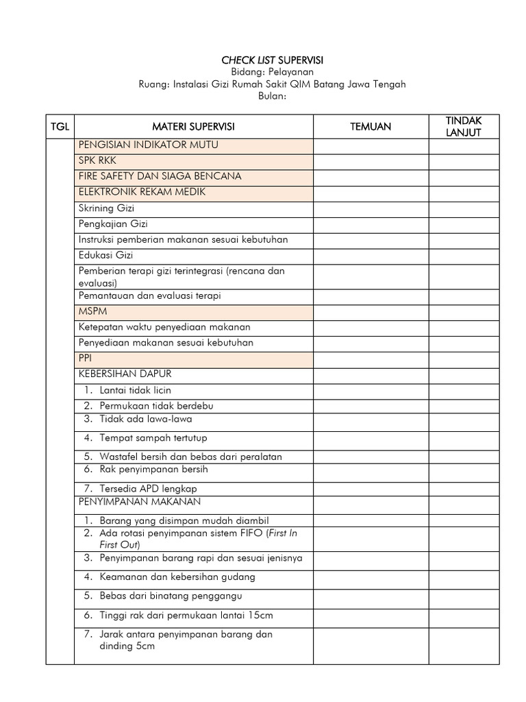 CHECK LIST SUPERVISI Instalasi Gizi Rumah Sakit QIM Batang Jawa Tengah ...