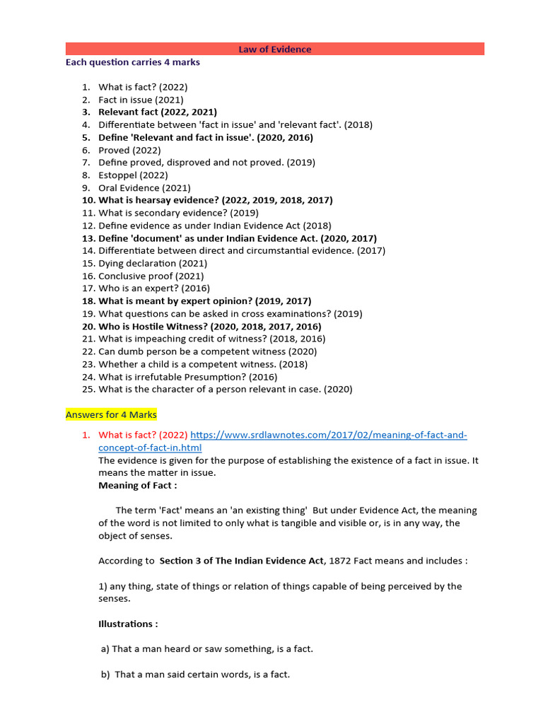 Law of Evidence With Answers of Question Bank | PDF | Hearsay | Witness