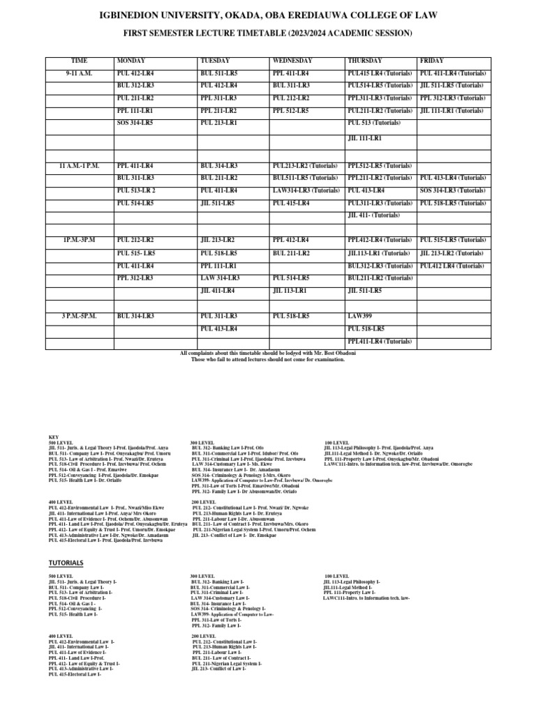 2023-2024 First Semester Lecture Timetable With Tutorials | PDF | Civil ... 2023-2024 First Semester Lecture Timetable With Tutorials | PDF | Civil ...