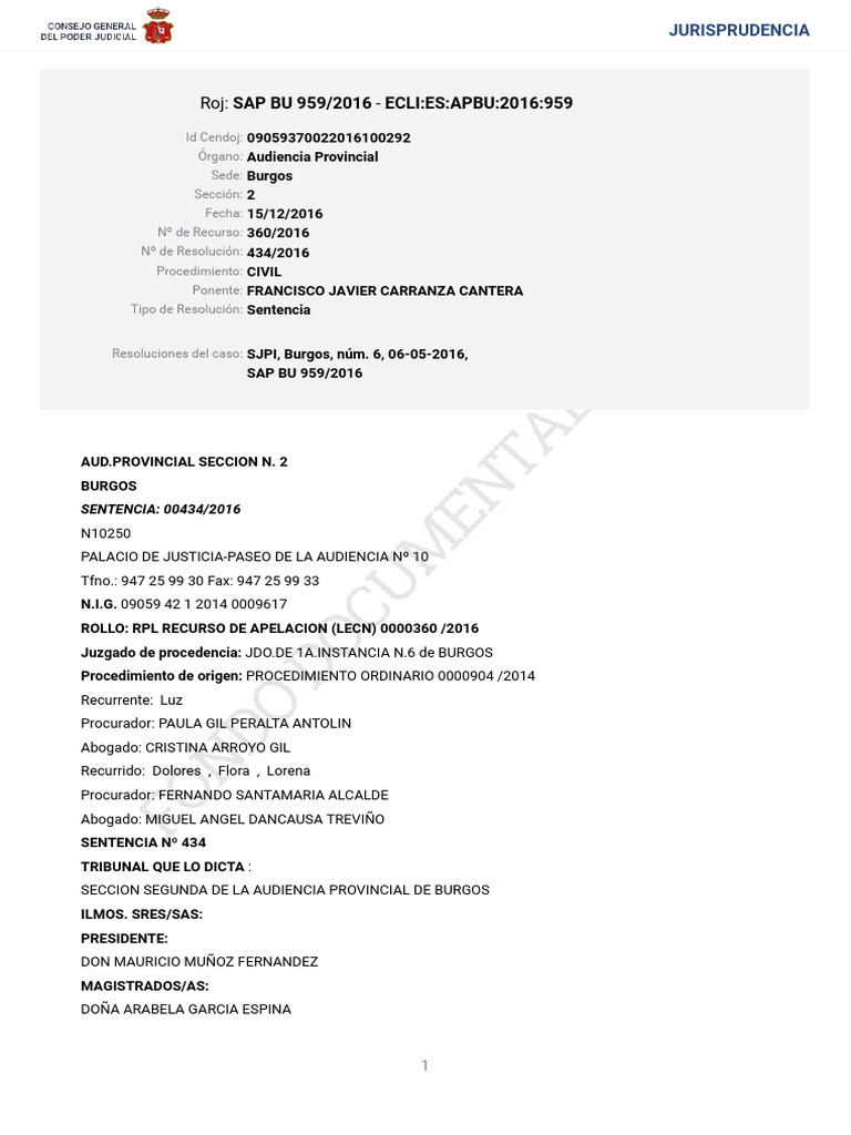 Sap Bu 959 2016 | PDF | Sentencia (ley) | Apelación