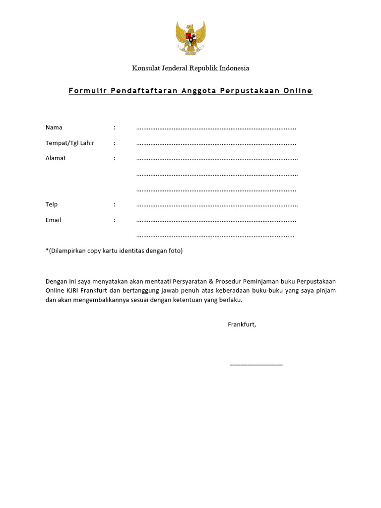 Formulir Pendaftaran Keanggotaan Perpustakaan Online | PDF