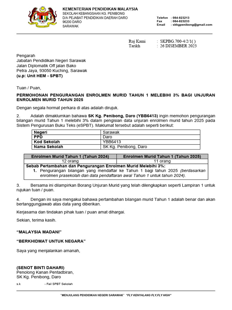 Surat SPBT Tambah Enrolmen 2025 SK Abang Gesa | PDF