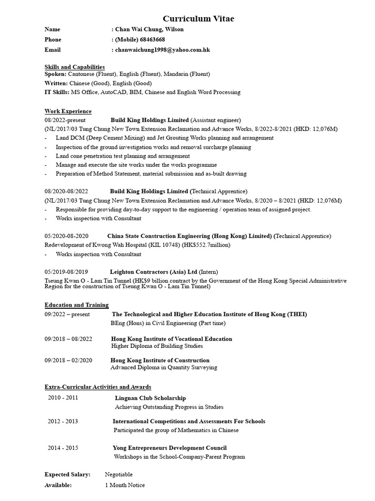 Chan Wai Chung CV | PDF | Hong Kong