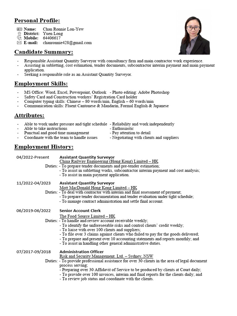 Ronnie Chan's Resume | PDF | Employment | Building Information Modeling
