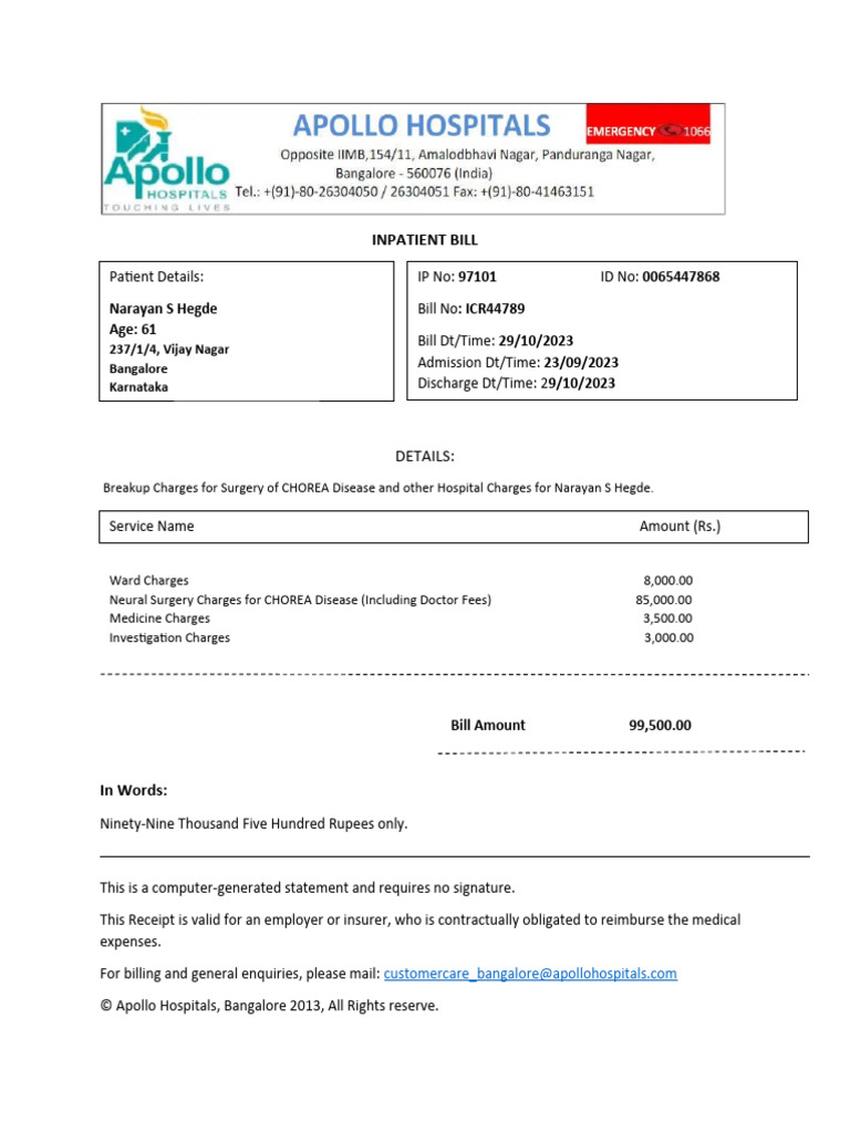 Inpatient Bill for CHOREA Surgery | PDF