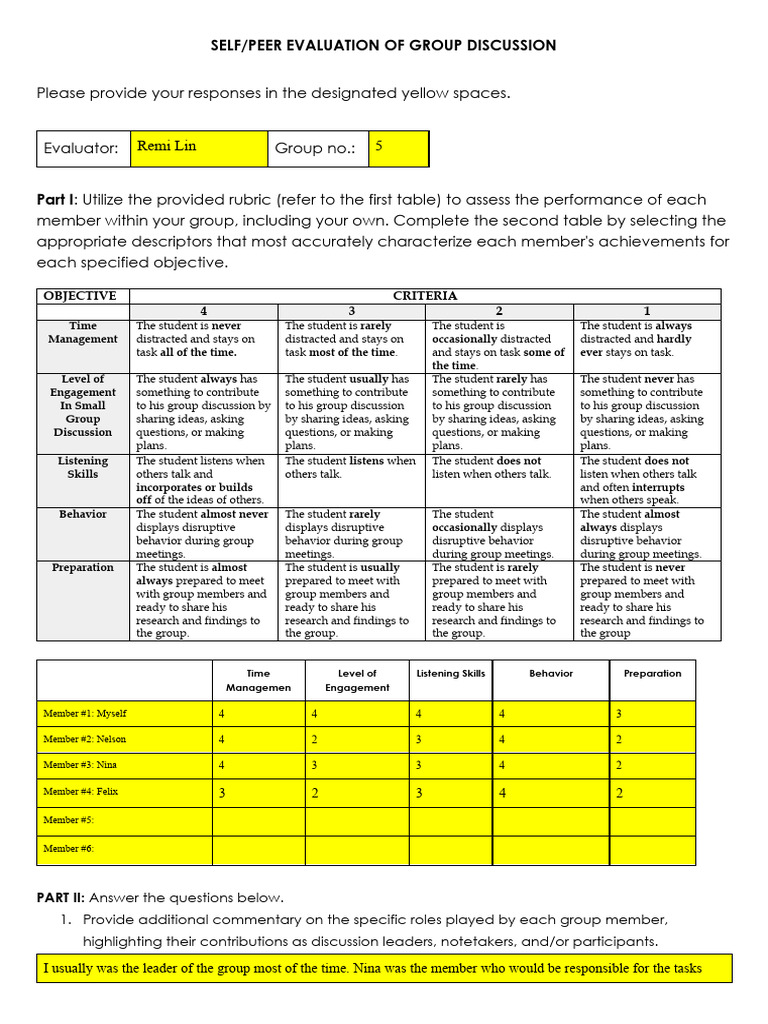 Remi Lin 411110208 - 112S Evaluation of Group Discussion | PDF | Rubric ...
