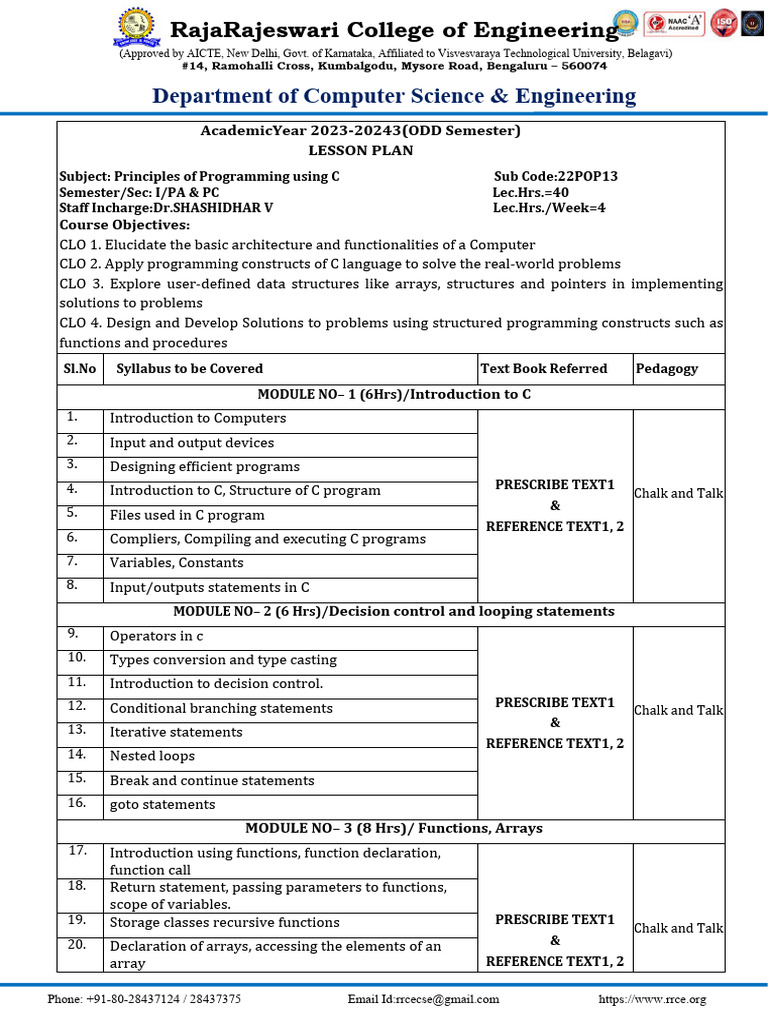 Department of Computer Science & Engineering: Academicyear 2023-20243 (Odd Semester) Lesson Plan ...