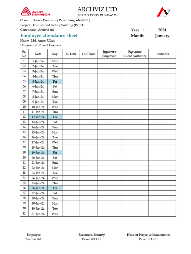 Daily Attendance Sheet - Jan-2024 | PDF