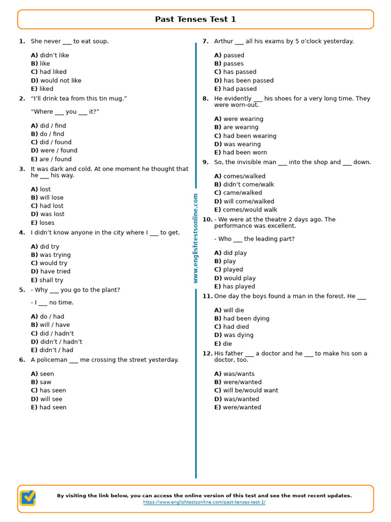 1386 Past Tenses Test 1 Englishtestsonline.com | PDF