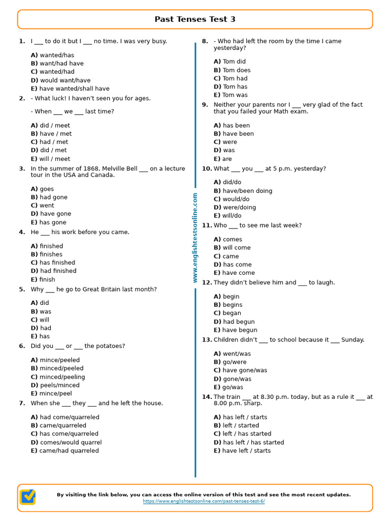 1388 Past Tenses Test 3 | PDF | Language Arts & Discipline