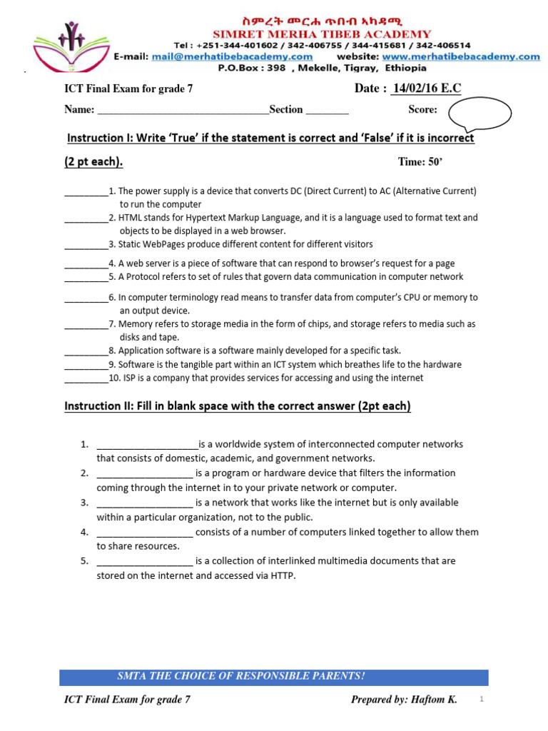 Grade 7 ICT Final Exam Questions | PDF