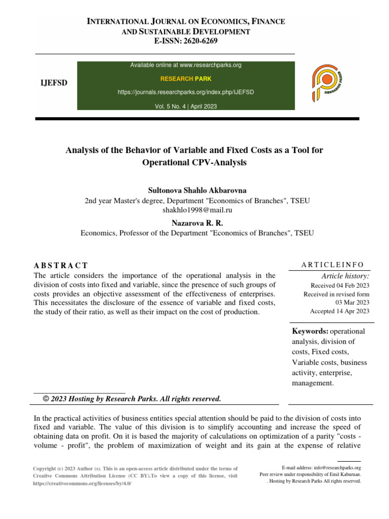 Analysis of the Behavior of Variable and Fixed Costs as a Tool for Operational CPV-Analysis | PDF