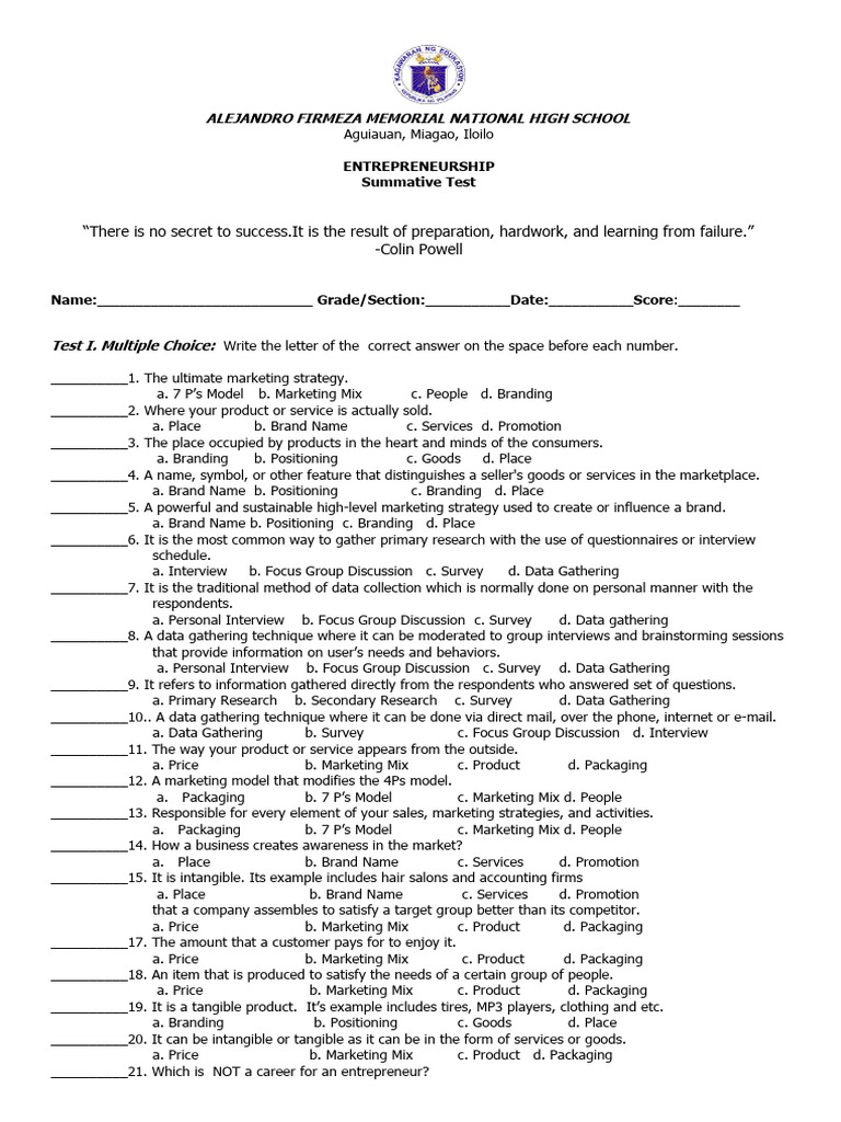 Entrepreneurship Test for Students | PDF | Marketing | Brand