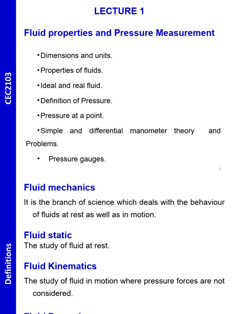 Lecture 1 Fluid Mechanics | PDF