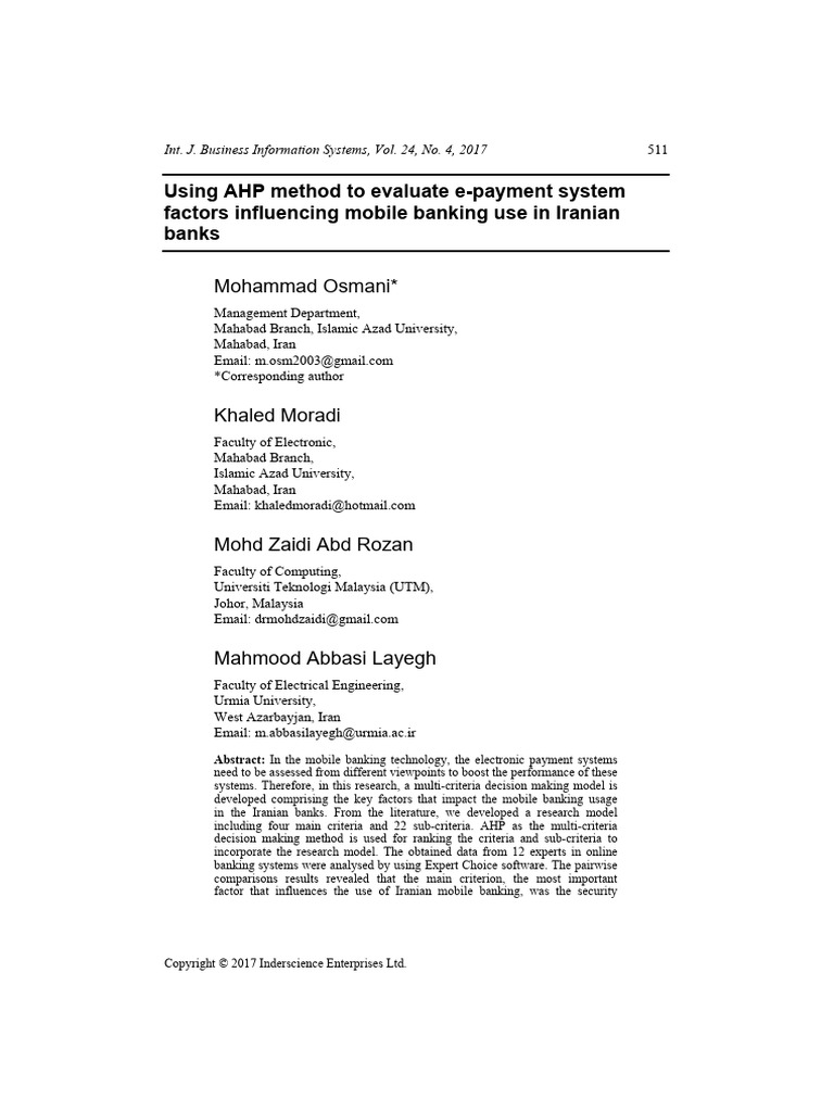 Using AHP method to evaluate e-payment system factors influencing mobile banking use in Iranian ...
