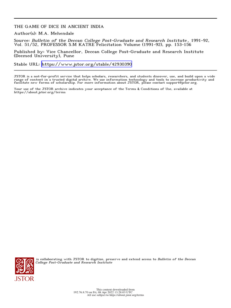 The Game of Dice in Ancient India (M.A. Mahendale) | PDF