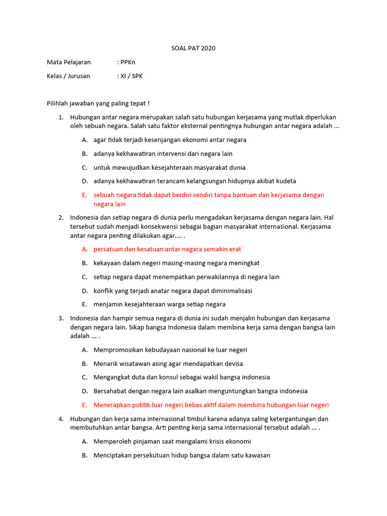 LATIHAN SOAL PAT PPKN SMK KLS XI 2021 | PDF