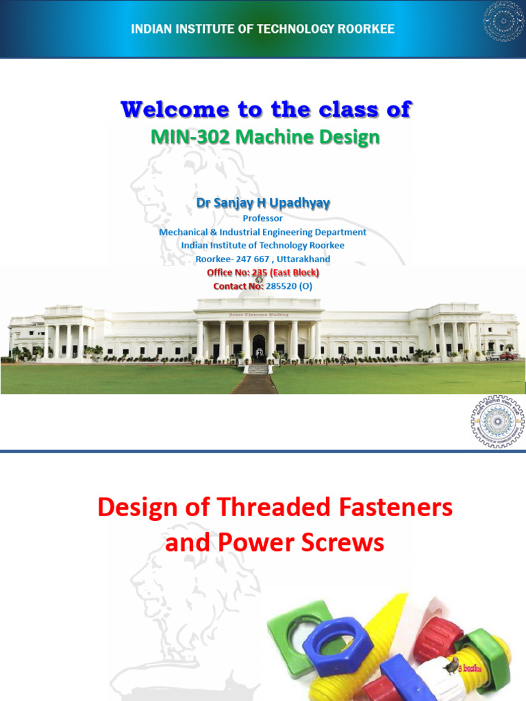 Design of Threaded Fasteners and Power Screws - IITR | PDF | Screw | Stress (Mechanics)
