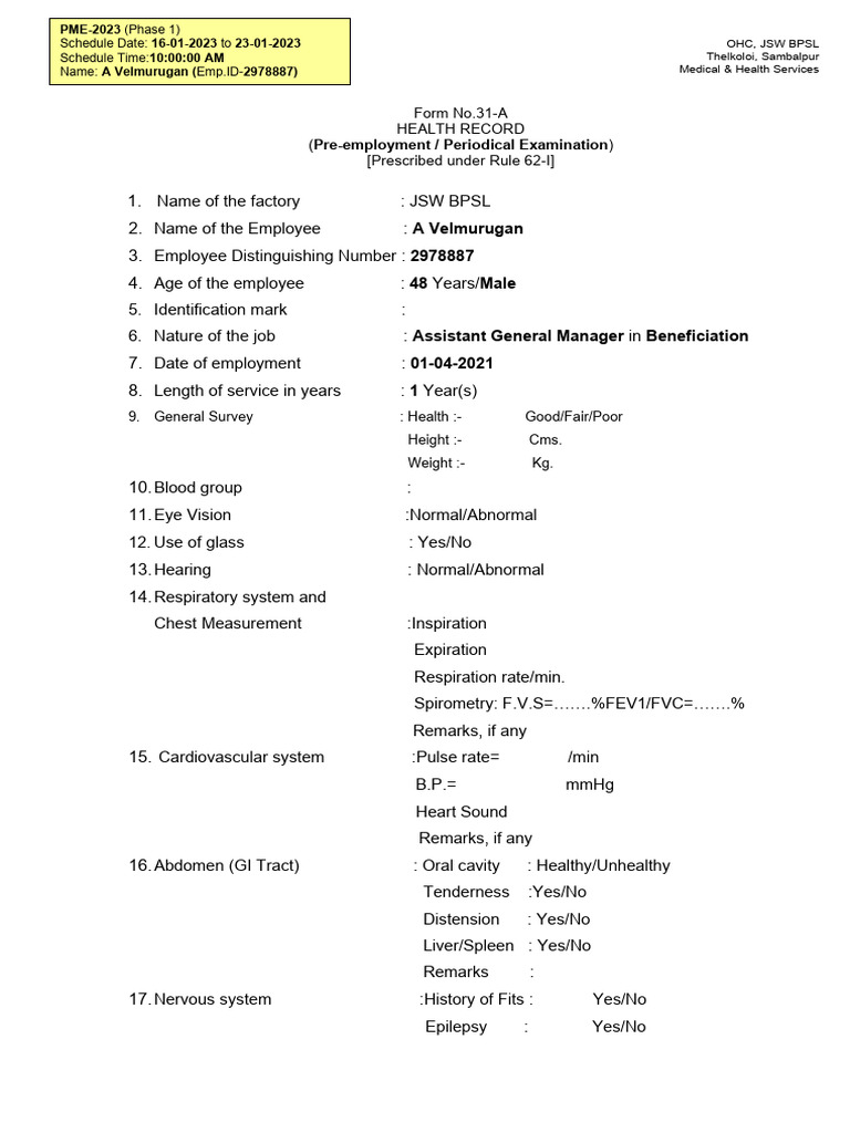 PME-2023 Form 31A Hazardous Area On-Roll Employees | PDF | Science ...