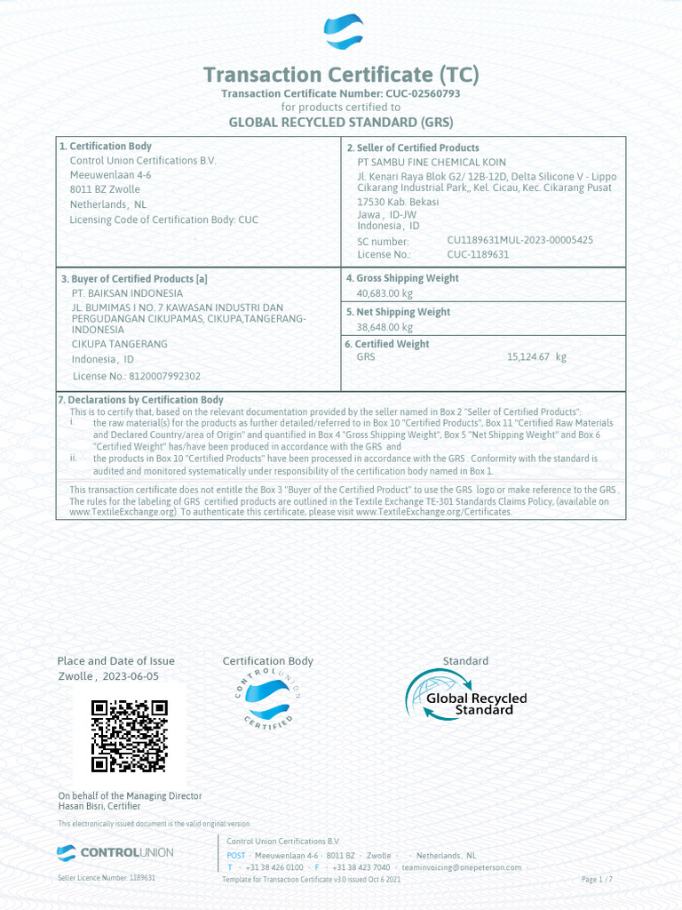 Transaction Certificate (TC) : Global Recycled Standard (GRS) | PDF ...