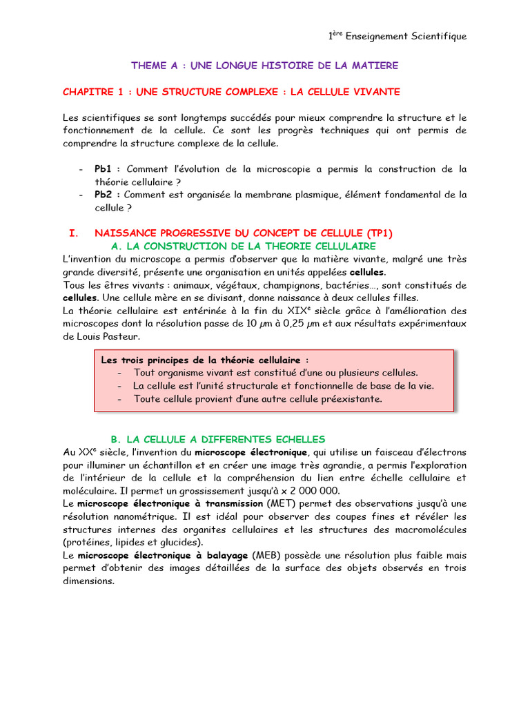 Cours Theme A Chapitre Cellule 2 | PDF | Cellule (Biologie) | Membrane cellulaire