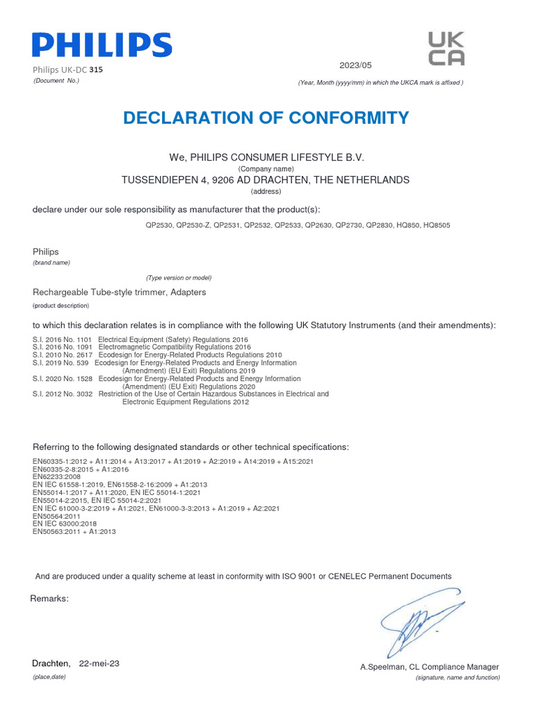 Declaration of Conformity: We, Philips Consumer Lifestyle B.V ...