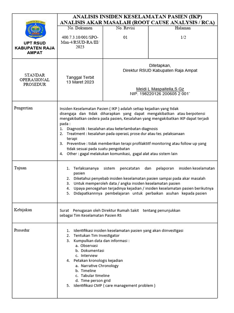 Sop Analisisis Insiden Keselamatan Pasien Analisis Akar Masalah Metode RCA | PDF