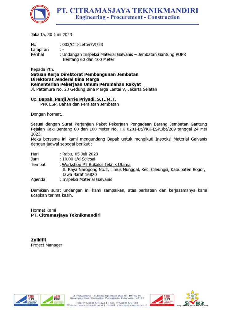 003 Undangan Inspeksi Material Galvanish | PDF