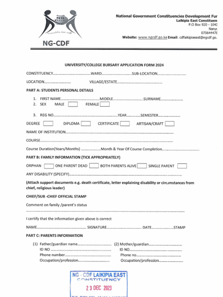 CDF University - College Bursary Form 2024 | PDF