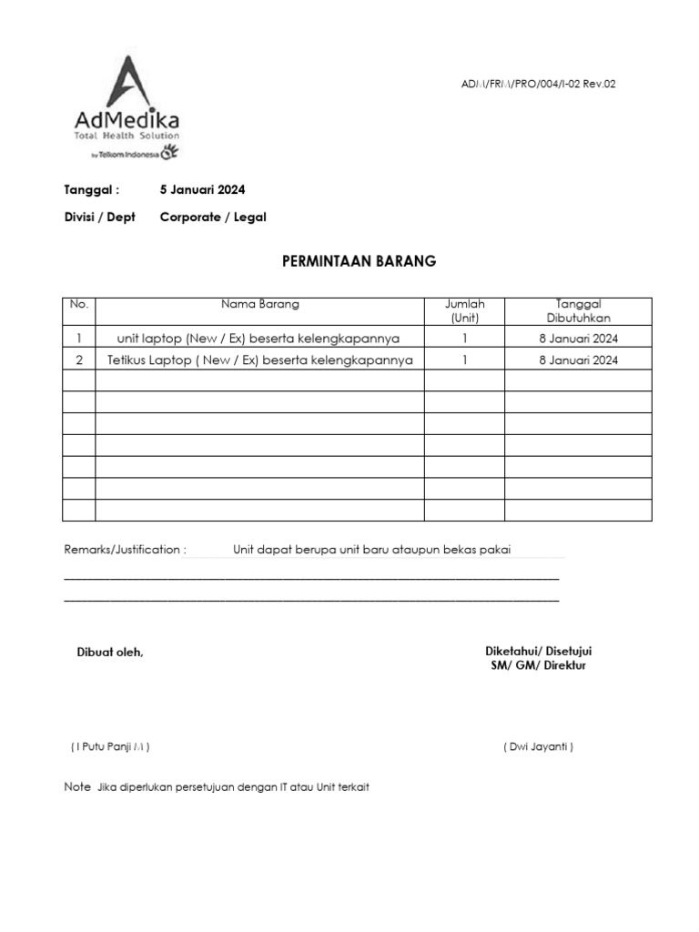 Formulir Permintaan Laptop Baru/Bekas | PDF | Bisnis | Teknologi & Rekayasa
